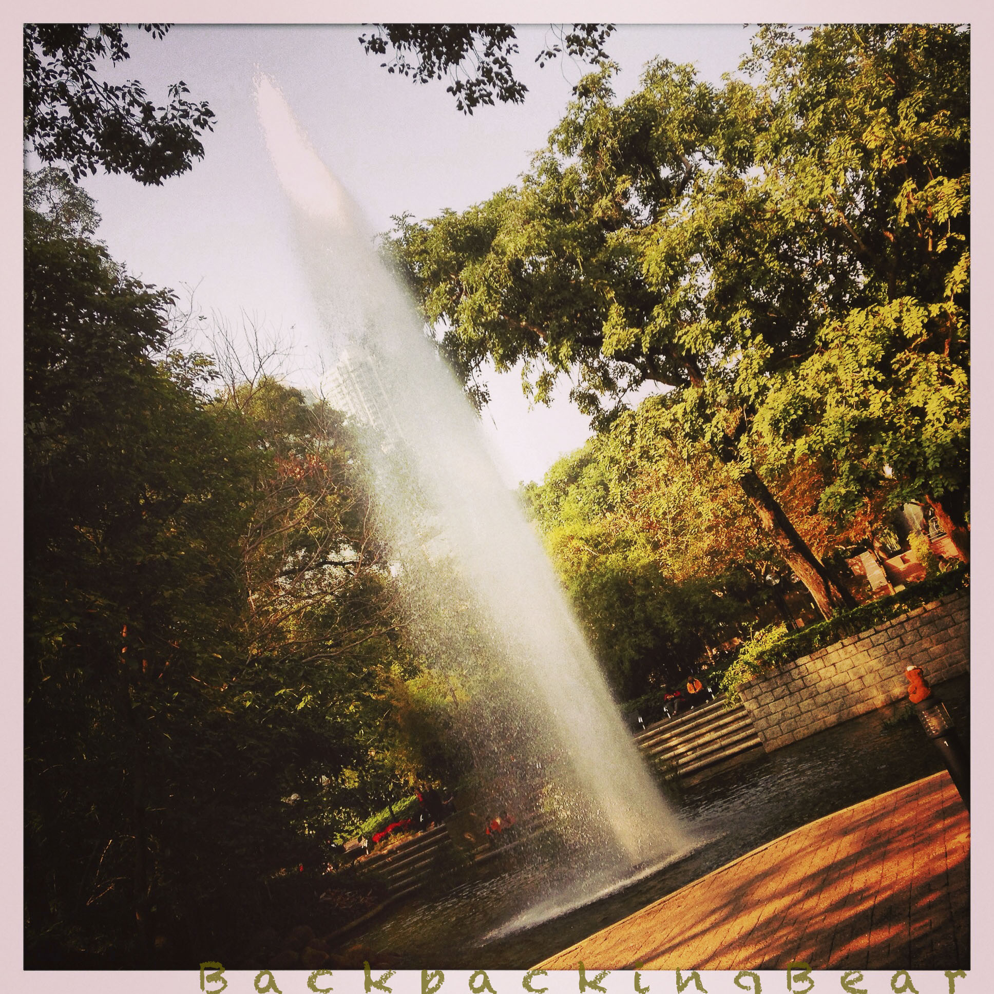 Joe Louis watches a park water fountain: Backpacking Bear