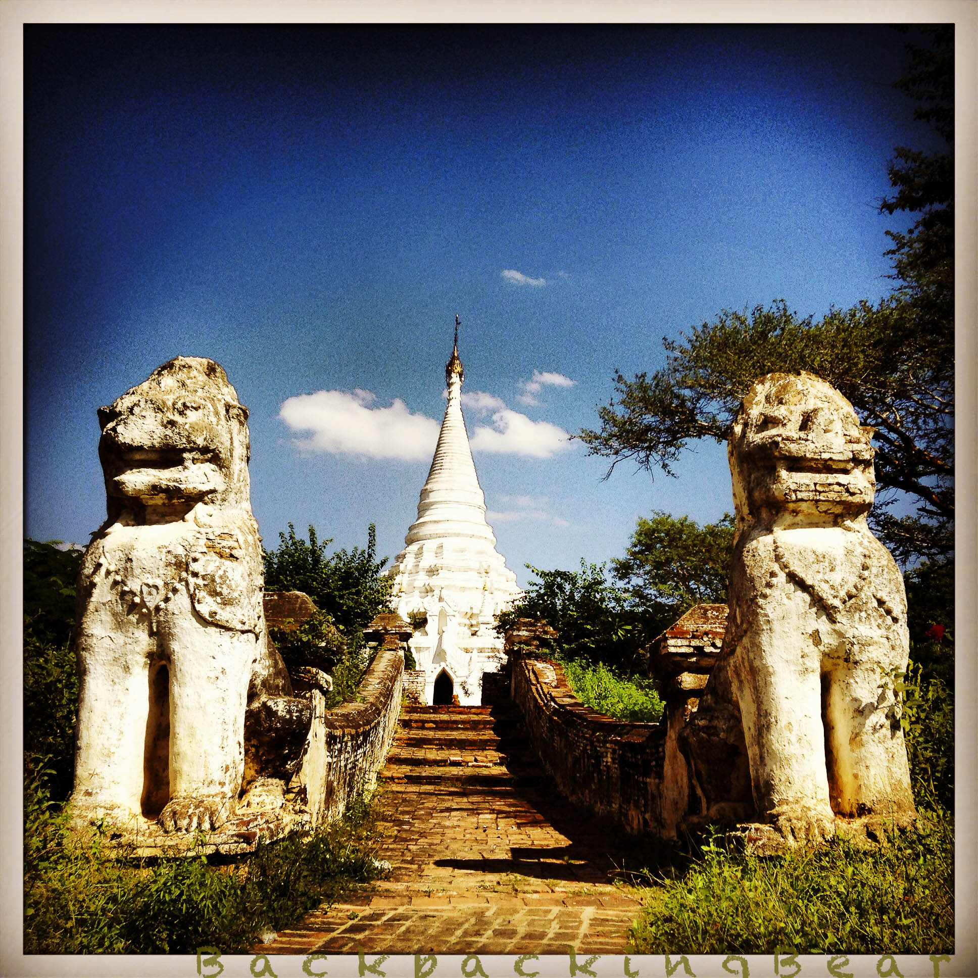 Burmese lion dog statues: Backpacking Bear